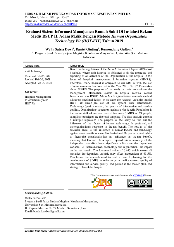 (PDF) Evaluasi Sistem Informasi Manajemen Rumah Sakit Di Instalasi Rekam Medis RSUP H. Adam ...