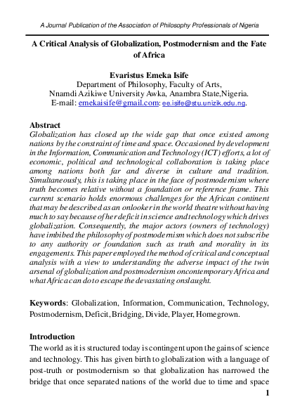 (PDF) A Critical Analysis of Globalization, Postmodernism and the Fate of Africa
