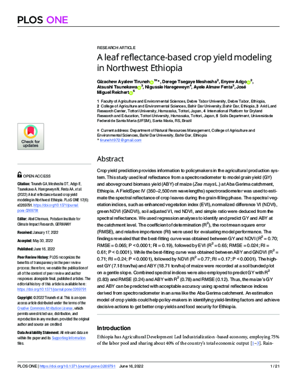 (PDF) A leaf reflectance-based crop yield modeling in Northwest Ethiopia