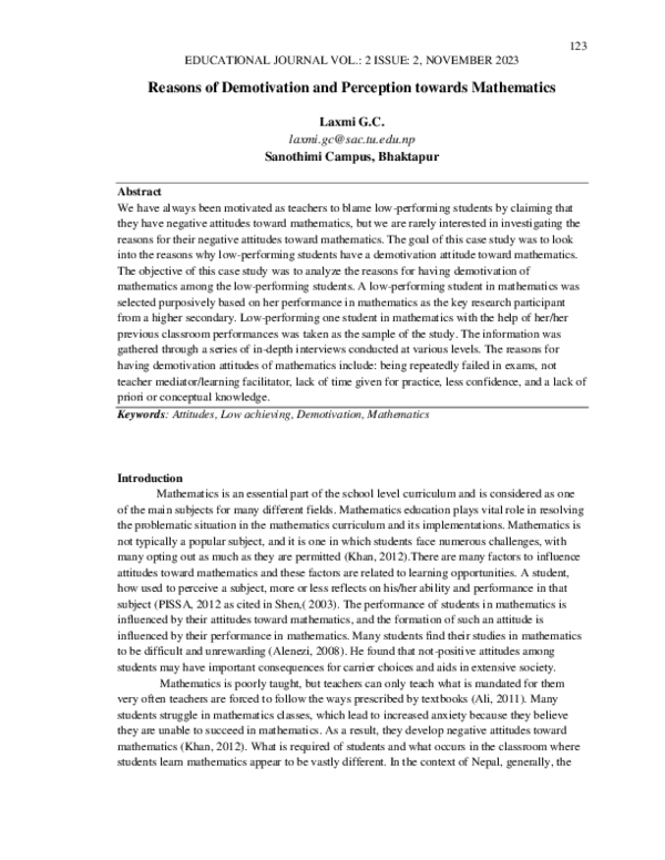 (PDF) Reasons of Demotivation and Perception towards Mathematics