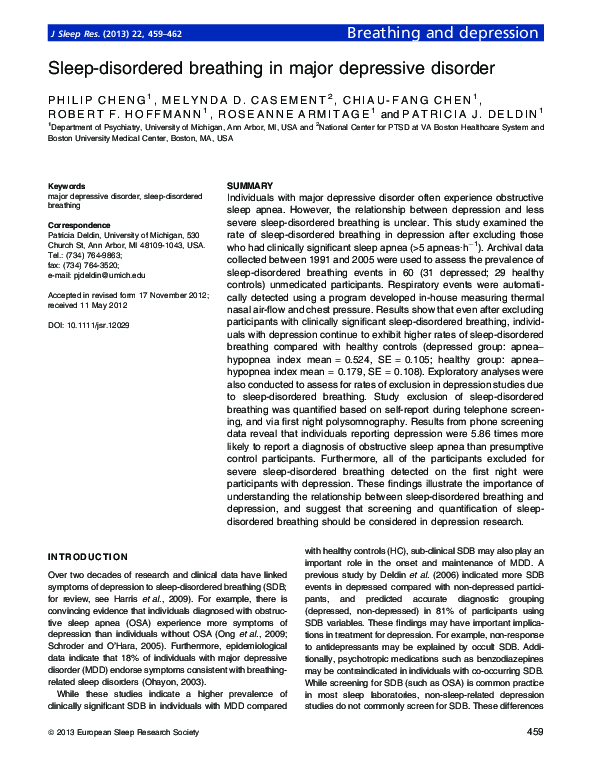 (PDF) Sleep-disordered breathing in major depressive disorder