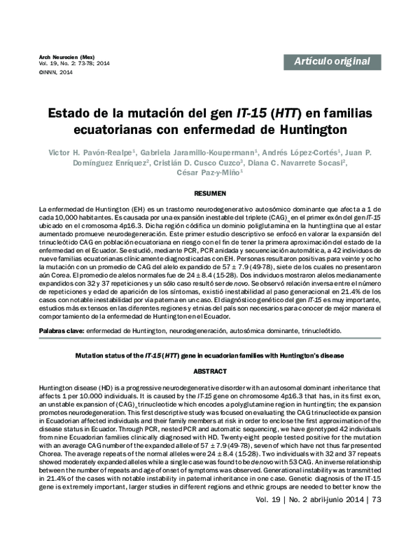 (PDF) Estado de la mutación del gen IT-15 (HTT) en familias ...