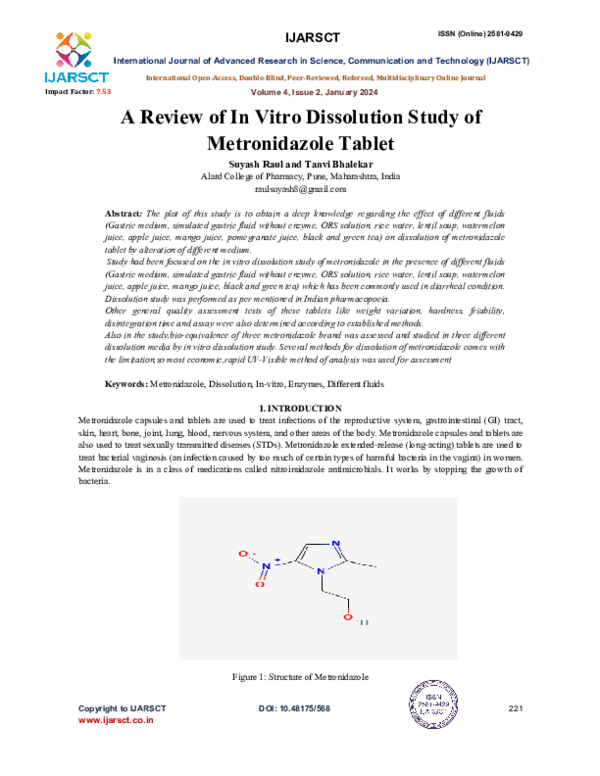 (PDF) A Review of In Vitro Dissolution Study of Metronidazole Tablet
