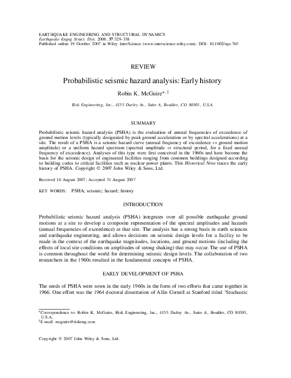 (PDF) Probabilistic seismic hazard analysis: Early history
