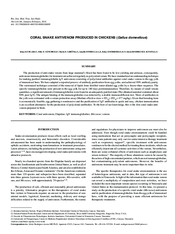 (PDF) CORAL SNAKE ANTIVENOM PRODUCED IN CHICKENS (Gallus domesticus)