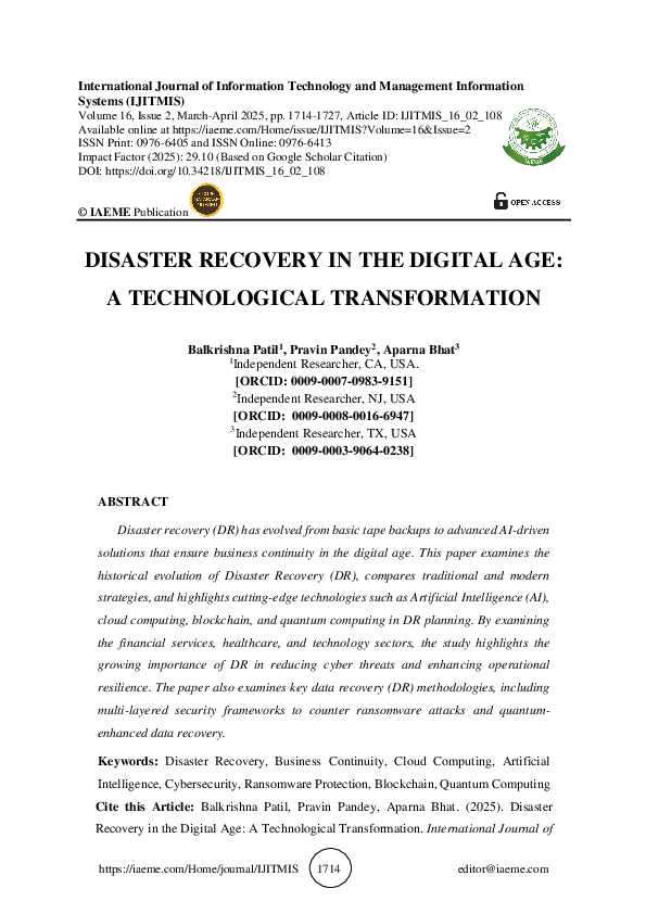 (PDF) DISASTER RECOVERY IN THE DIGITAL AGE: A TECHNOLOGICAL TRANSFORMATION