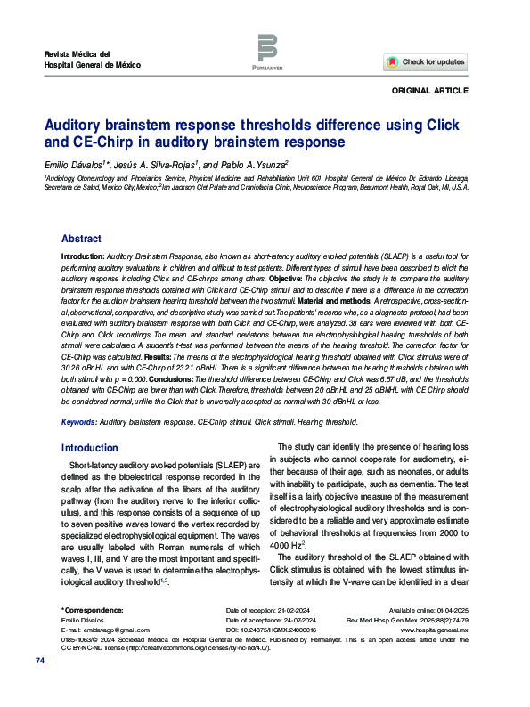 (PDF) Auditory brainstem response thresholds difference using Click and CE-Chirp in auditory ...