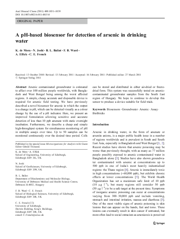 Pdf A Ph Based Biosensor For Detection Of Arsenic In Drinking Water