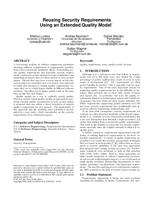 (PDF) Reusing security requirements using an extended quality model