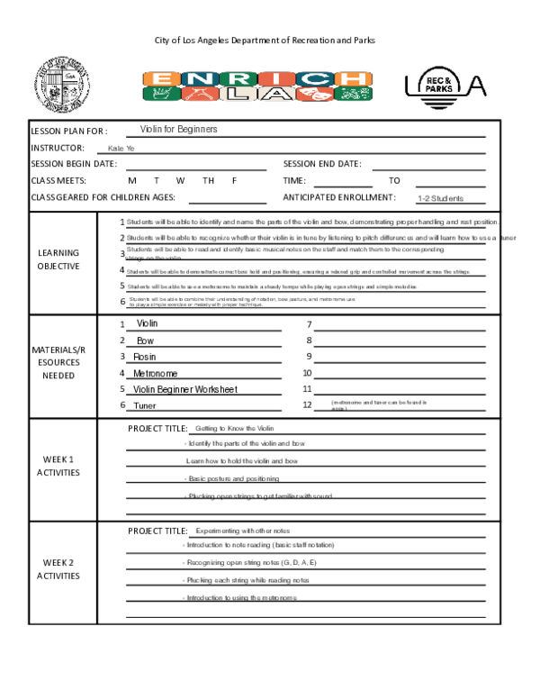 (PDF) Violin Lesson Plan for EnrichLA - by Kate Ye Beginners
