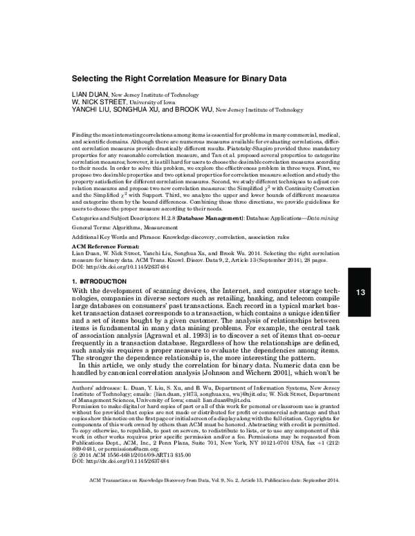 (PDF) Selecting the Right Correlation Measure for Binary Data