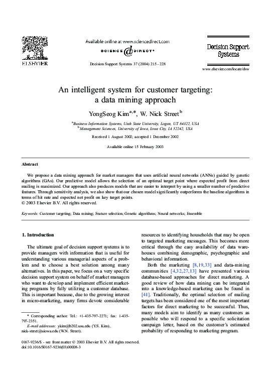 (PDF) An intelligent system for customer targeting: a data mining approach