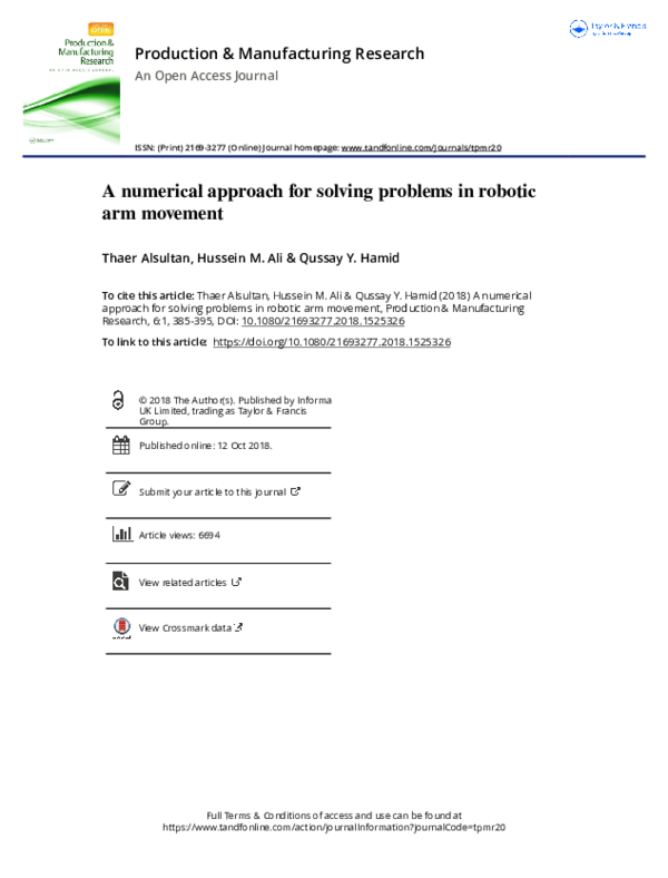 (PDF) A numerical approach for solving problems in robotic arm movement