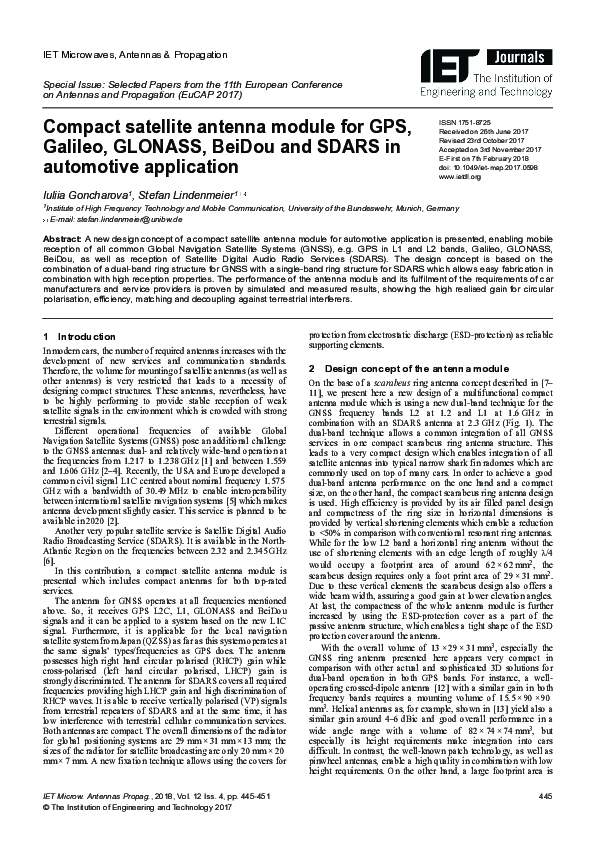 (PDF) Compact satellite antenna module for GPS, Galileo, GLONASS, BeiDou and SDARS in automotive ...