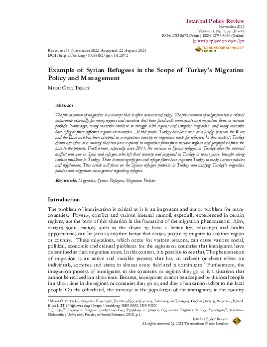 (PDF) Example of Syrian Refugees in the Scope of Turkey's Migration ...