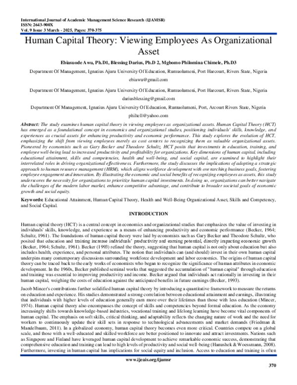 (PDF) Human Capital Theory: Viewing Employees As Organizational Asset