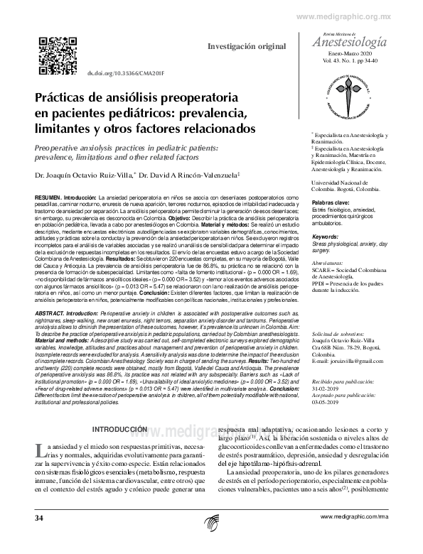 (PDF) Prácticas de ansiólisis preoperatoria en pacientes pediátricos ...