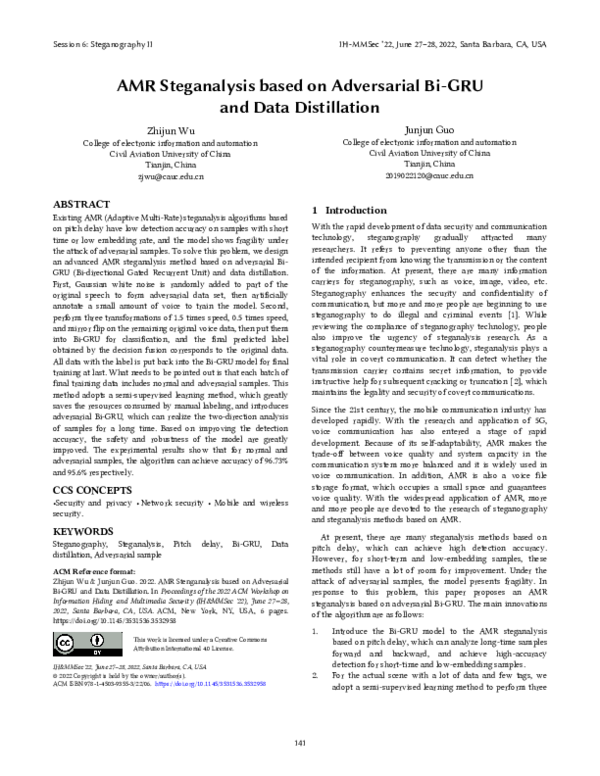 (PDF) AMR Steganalysis based on Adversarial Bi-GRU and Data Distillation