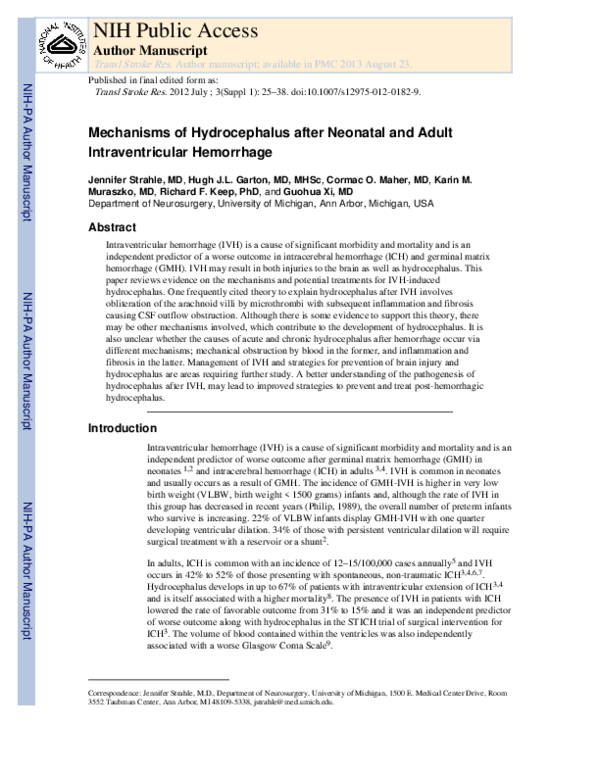 (PDF) Mechanisms of Hydrocephalus After Neonatal and Adult Intraventricular Hemorrhage