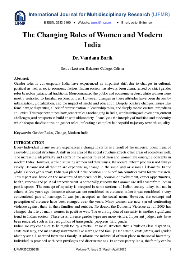 (PDF) The Changing Roles of Women & Modern India (IJFMR)