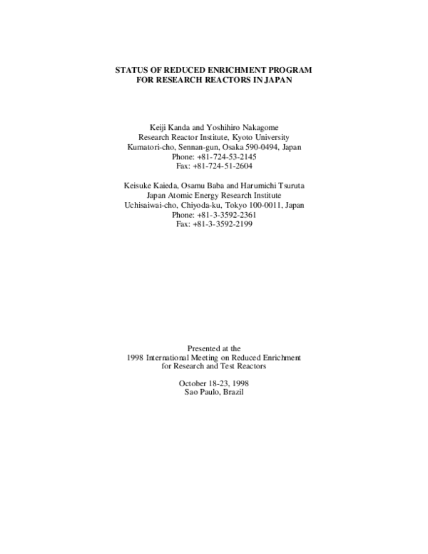 (PDF) Status of reduced enrichment program for research reactors in Japan