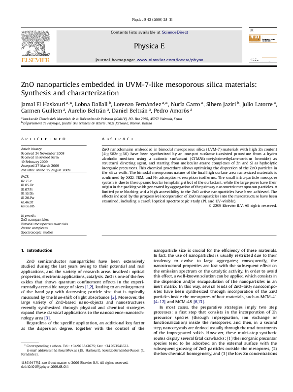 (PDF) ZnO nanoparticles embedded in UVM-7-like mesoporous silica materials: Synthesis and ...