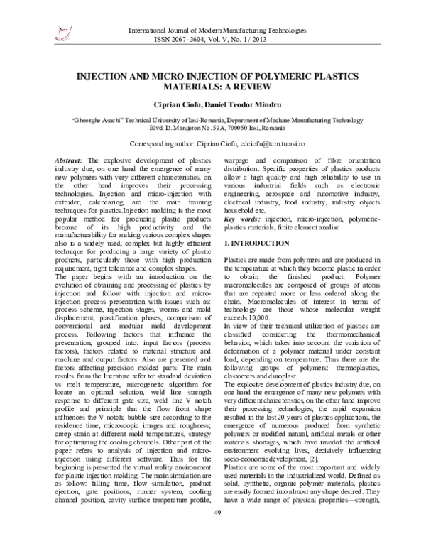 (PDF) Injection and Micro Injection of Polymeric Plastics Materials: A Review