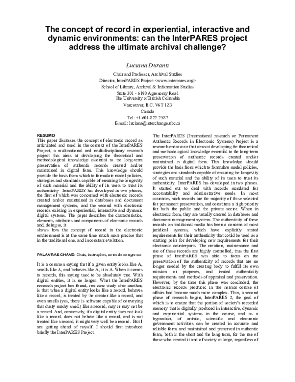 (PDF) The concept of record in experiential, interactive and dynamic environments: can the ...