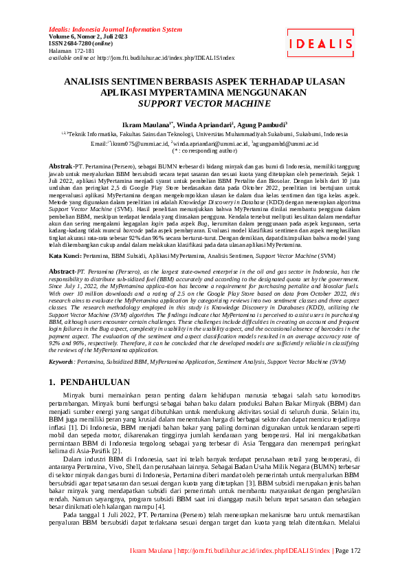 (PDF) Analisis Sentimen Berbasis Aspek Terhadap Ulasan Aplikasi Mypertamina Menggunakan Support ...