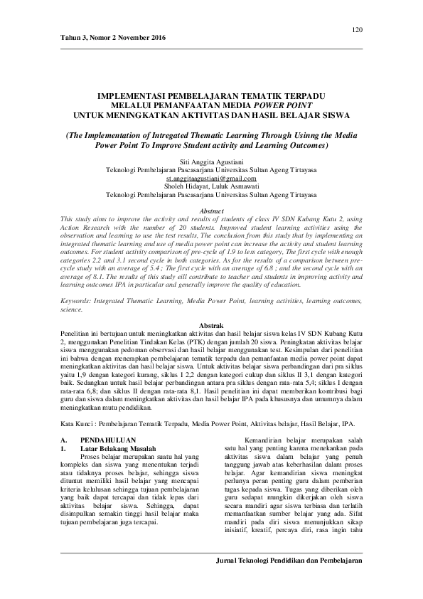 (PDF) Implementasi Pembelajaran Tematik Terpadu Melalui Pemanfaatan Media Power Point Untuk ...