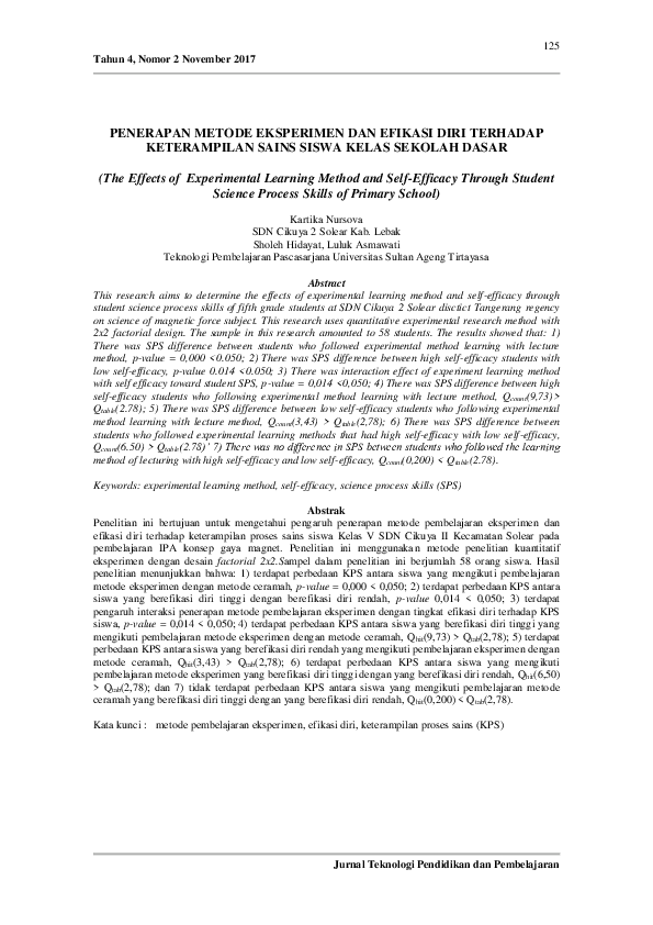 (PDF) Penerapan Metode Eksperimen Dan Efikasi Diri Terhadap Keterampilan Sains Siswa Kelas ...