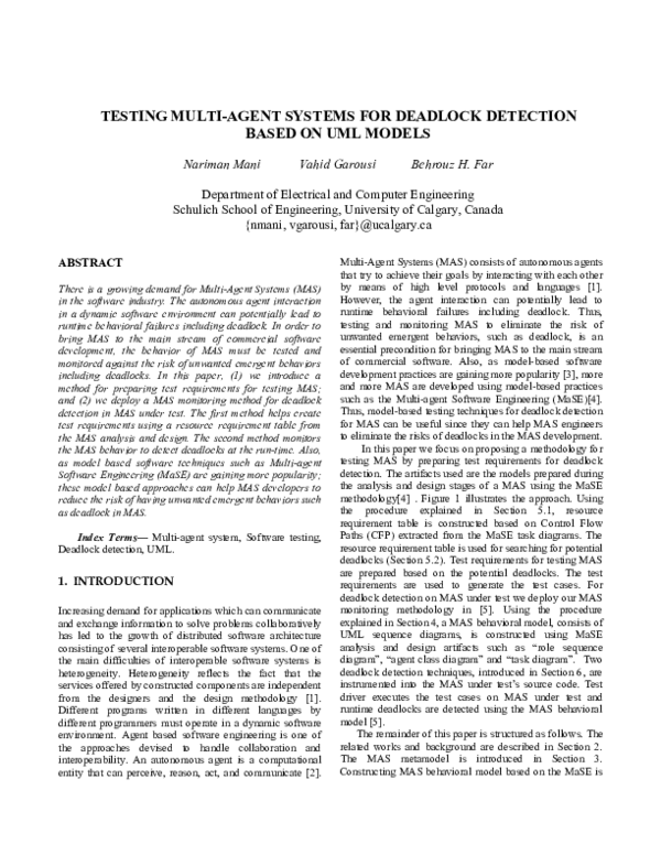 Pdf Testing Multi Agent Systems For Deadlock Detection Based On Uml