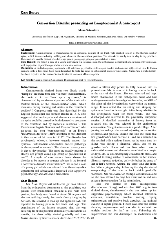 (PDF) Conversion Disorder presenting as Camptocormia: A case report