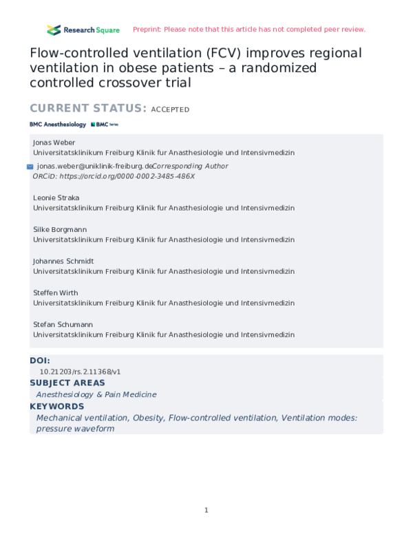 (PDF) Flow-controlled ventilation (FCV) improves regional ventilation in obese patients – a ...