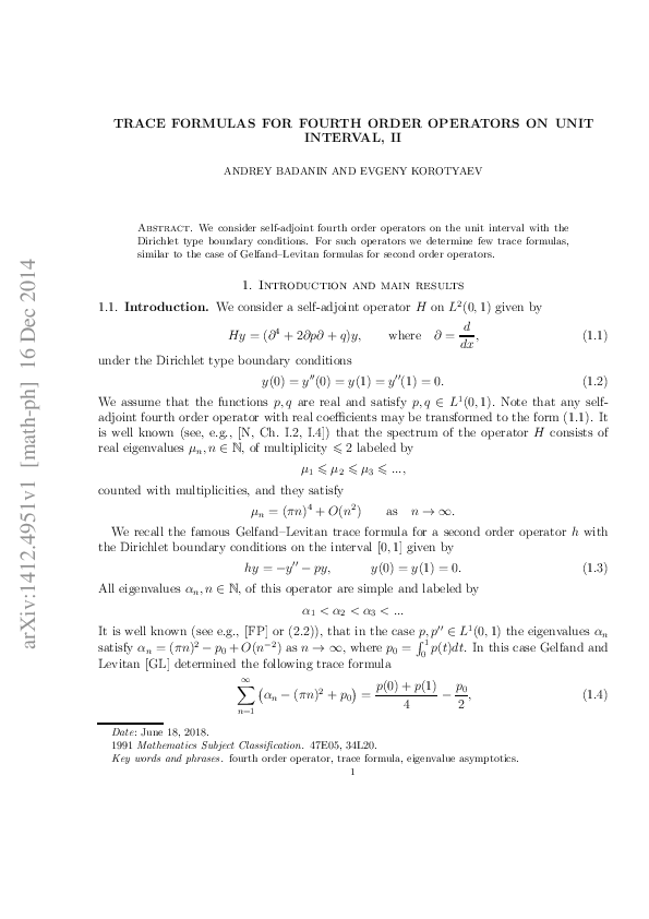 (PDF) Trace formulas for fourth order operators on unit interval, II