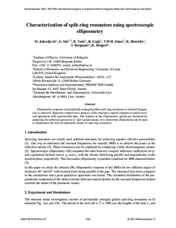 (PDF) Characterization of split-ring resonators using spectrosc opic ellipsometry