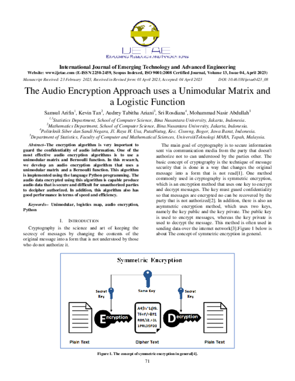 (PDF) The Audio Encryption Approach uses a Unimodular Matrix and a Logistic Function