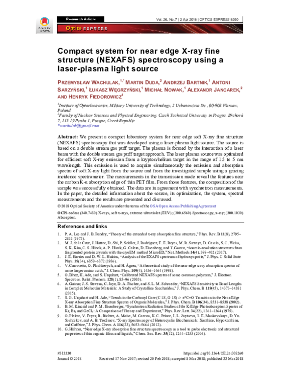 (PDF) Compact system for near edge X-ray fine structure (NEXAFS) spectroscopy using a laser ...