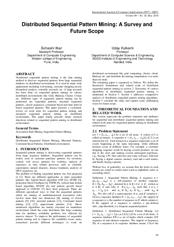 (PDF) Distributed Sequential Pattern Mining: A Survey and Future Scope