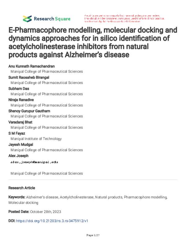 (PDF) E-Pharmacophore modelling, molecular docking and dynamics approaches for in silico ...