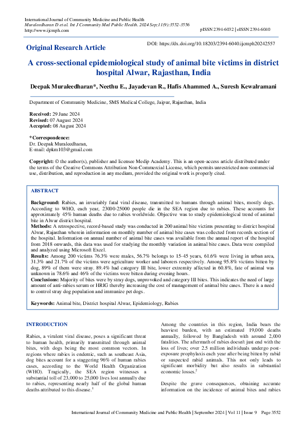 (PDF) A cross-sectional epidemiological study of animal bite victims in district hospital Alwar ...