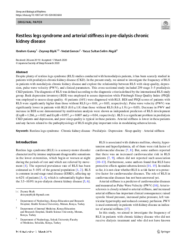 (PDF) Restless legs syndrome and arterial stiffness in pre-dialysis ...