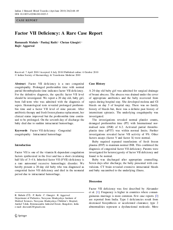 (PDF) Factor VII Deficiency: A Rare Case Report
