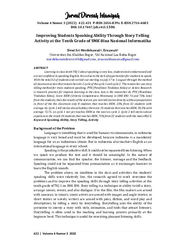 (PDF) Improving Students Speaking Ability Through Story Telling