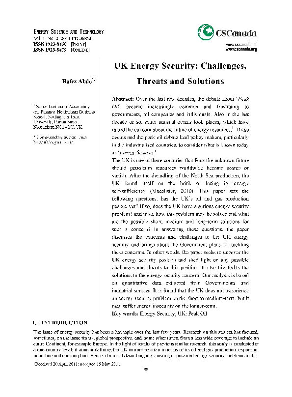 (PDF) UK Energy Security: Challenges, Threats and Solutions