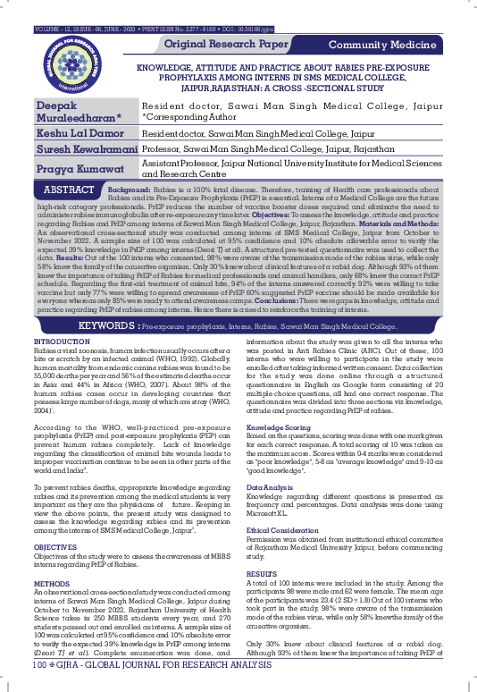 (PDF) KNOWLEDGE, ATTITUDE AND PRACTICE ABOUT RABIES PRE-EXPOSURE PROPHYLAXIS AMONG INTERNS IN ...