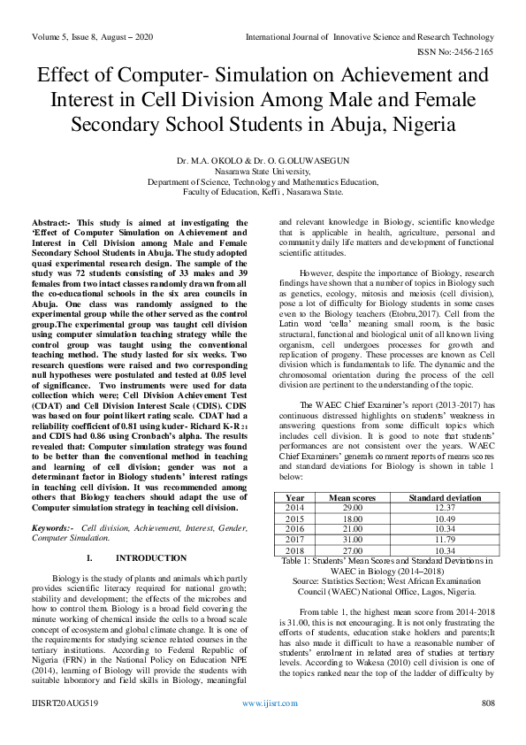 (PDF) Effect of Computer- Simulation on Achievement and Interest in Cell Division Among Male and ...