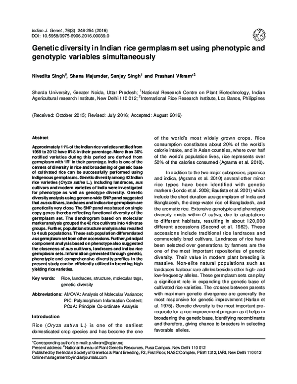 (PDF) Genetic diversity in Indian rice germplasm set using phenotypic ...