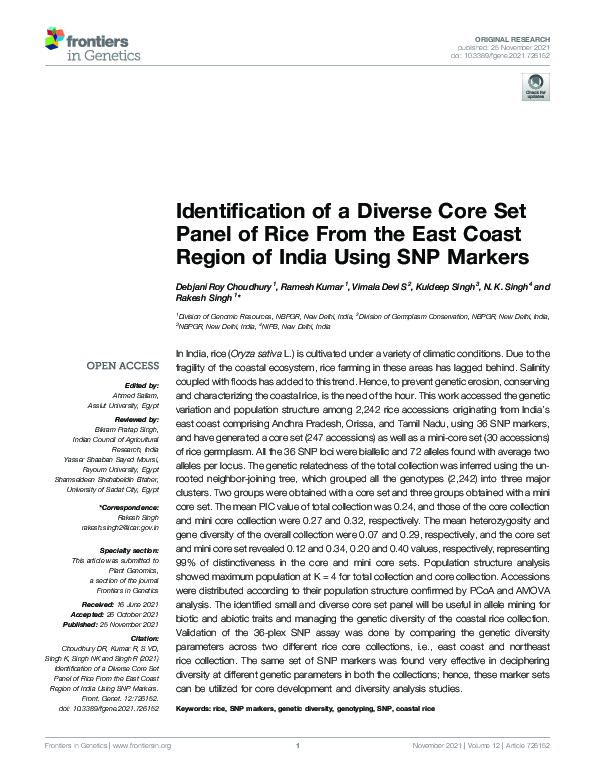 (PDF) Identification of a Diverse Core Set Panel of Rice From the East ...