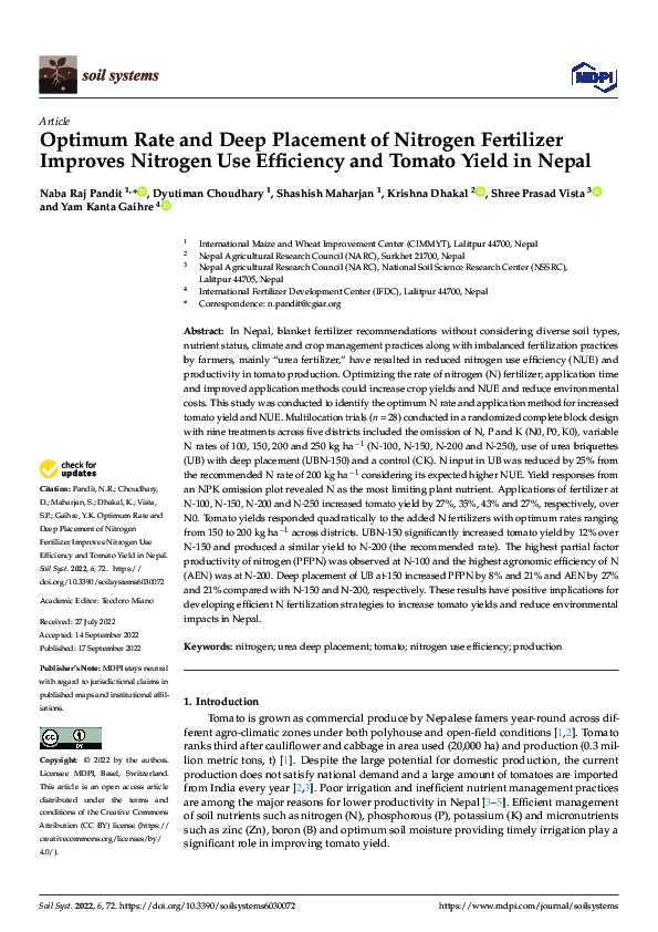 (PDF) Optimum Rate and Deep Placement of Nitrogen Fertilizer Improves Nitrogen Use Efficiency ...